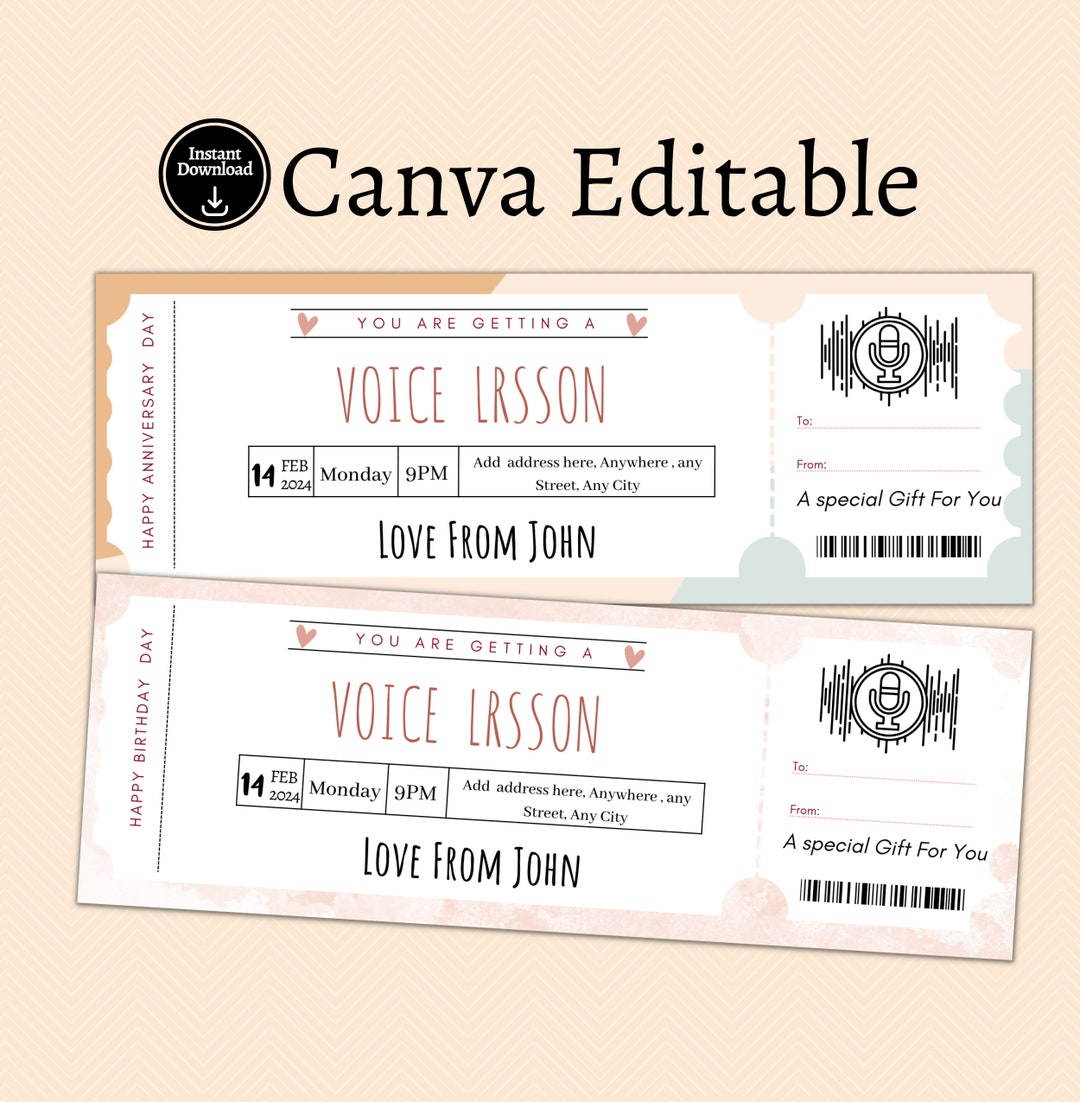 Editable Voice Lessons Coupon Voucher, Voice Lesson Ticket,music Lover ...