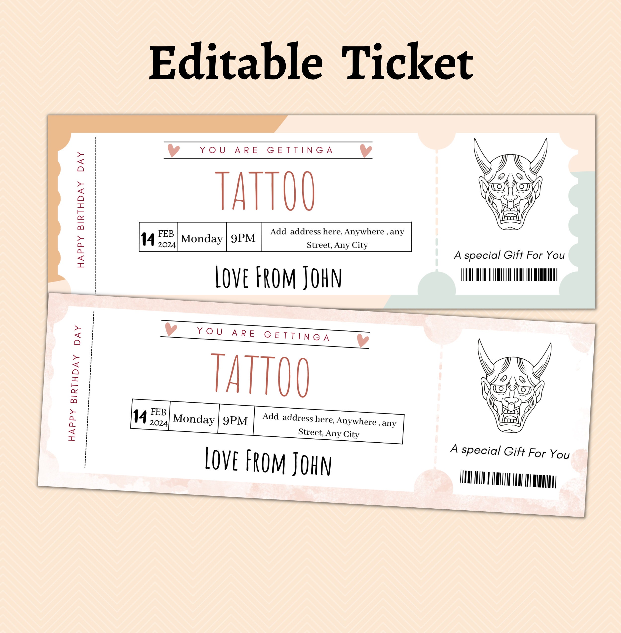 Editable Surprise Tattoo Voucher Ticket Template. Tattoo Gift Voucher ... Editable Surprise Tattoo Voucher Ticket Template. Tattoo Gift Voucher ...