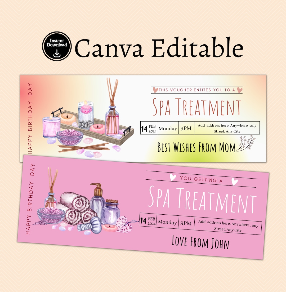 Print at Home Editable Spa Voucher Ticket,valentine's Day Spa Day Gift ...