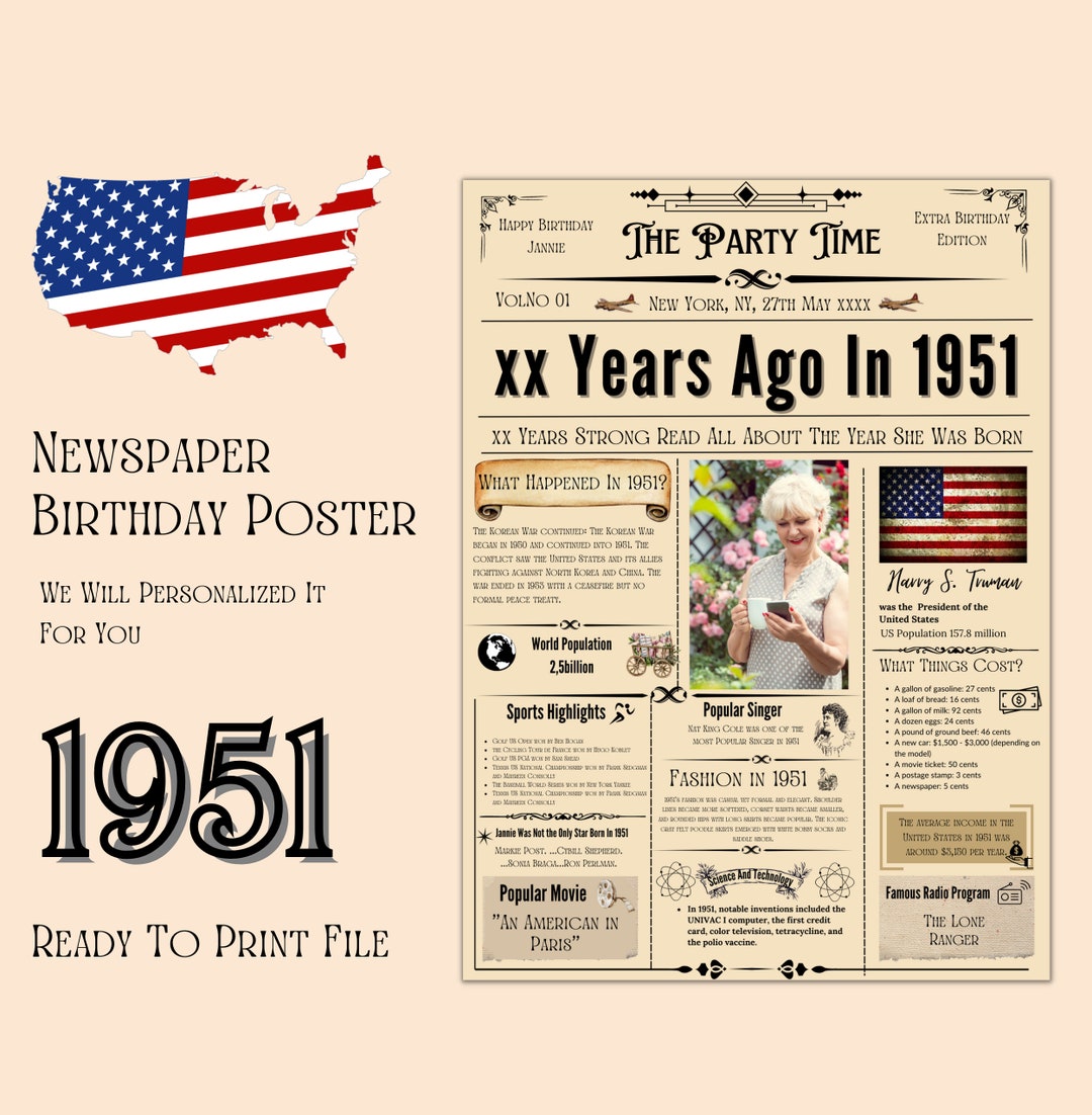 Back in 1951 Birthday Newspaper Poster Gift, Year You Were Born, 1951 ...