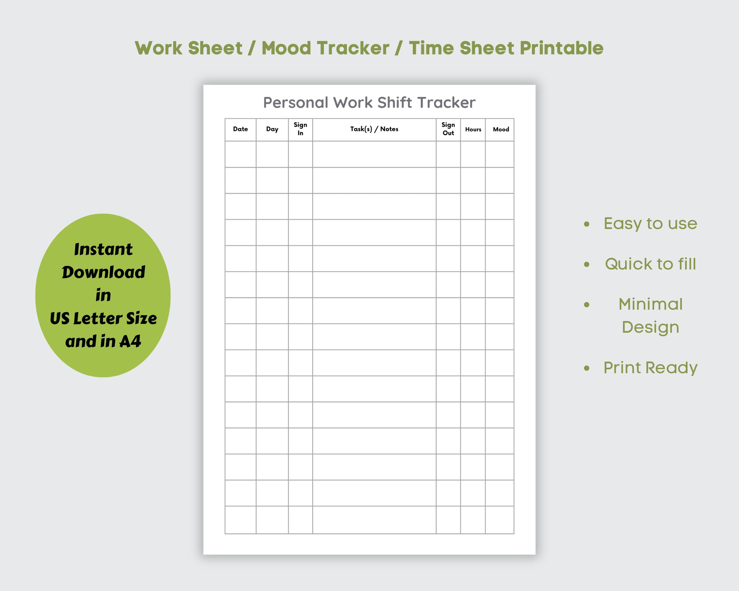 Personal Work Time Shift Tracker, Work Schedule Planner, Time Shift ...
