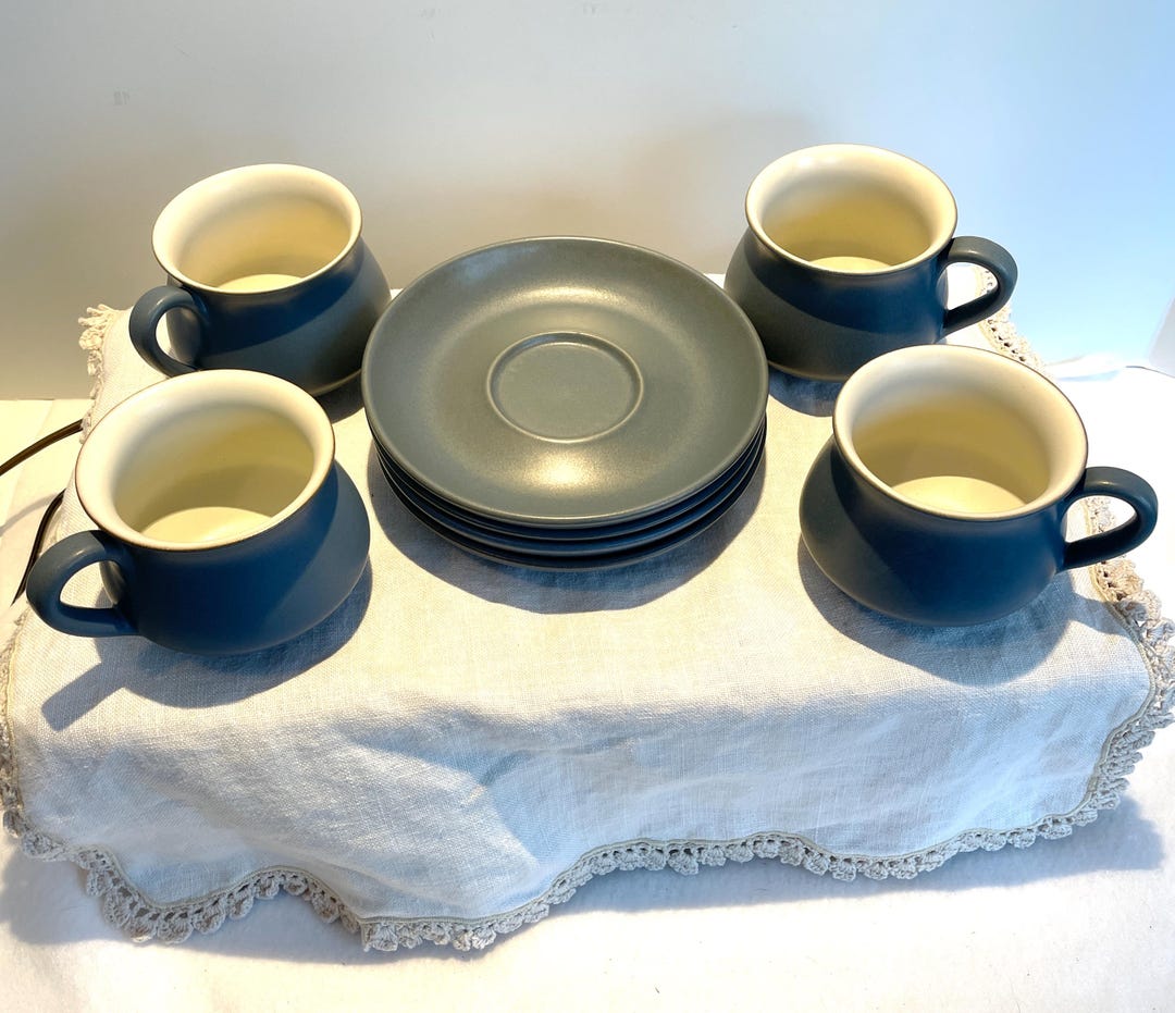 Vintage 1960s Denby Echo Blue Set of 4 Cups and Saucers Made in England ...