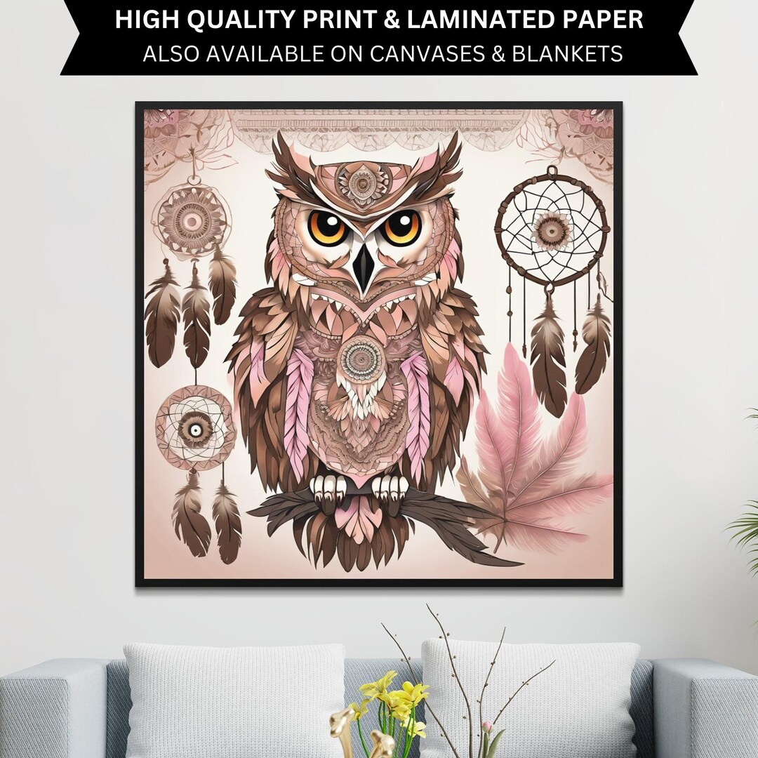 Boho Owl Poster, Dreamcatcher Owl Art, Tribal Bird Wall Decor, Bohemian ...