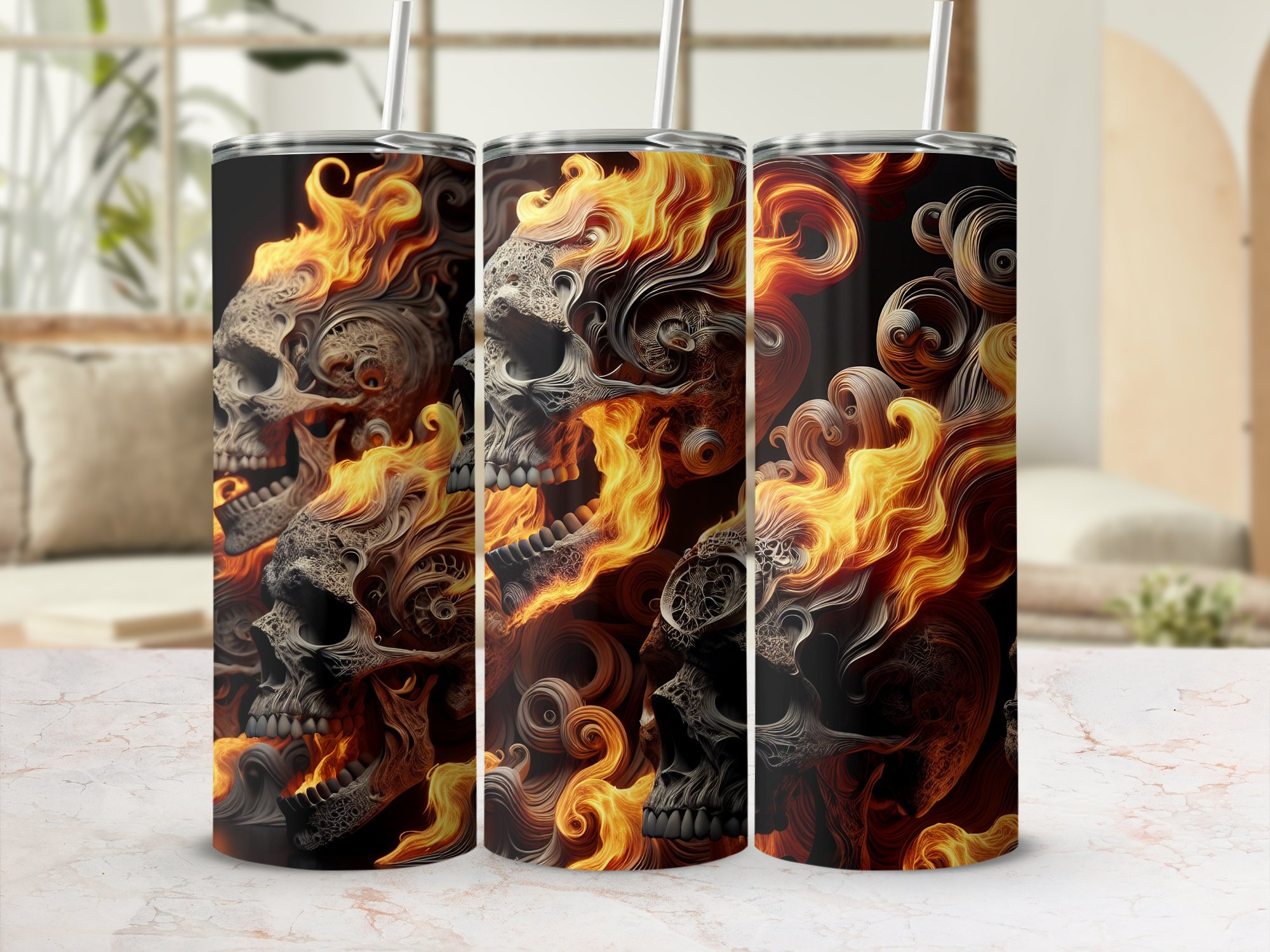 Fiery Skulls 20 Oz Tumbler Wrap, Flames and Skulls Digital Print ...
