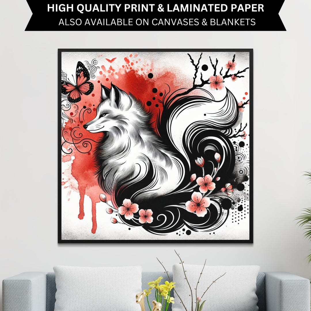 Japanese Ink Fox Poster, Intricate Fox Wall Art, Red and Black Fox ...