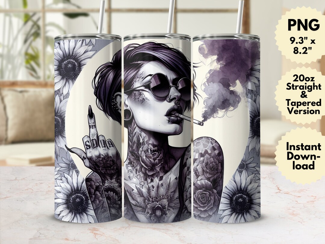 Edgy Tattooed Woman Smoking Digital Tumbler Wrap 20oz, Gothic Sunflower ...