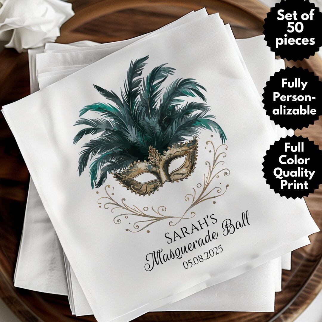Personalized Masquerade Ball Napkin, Custom Event Napkin, Elegant Mask ...