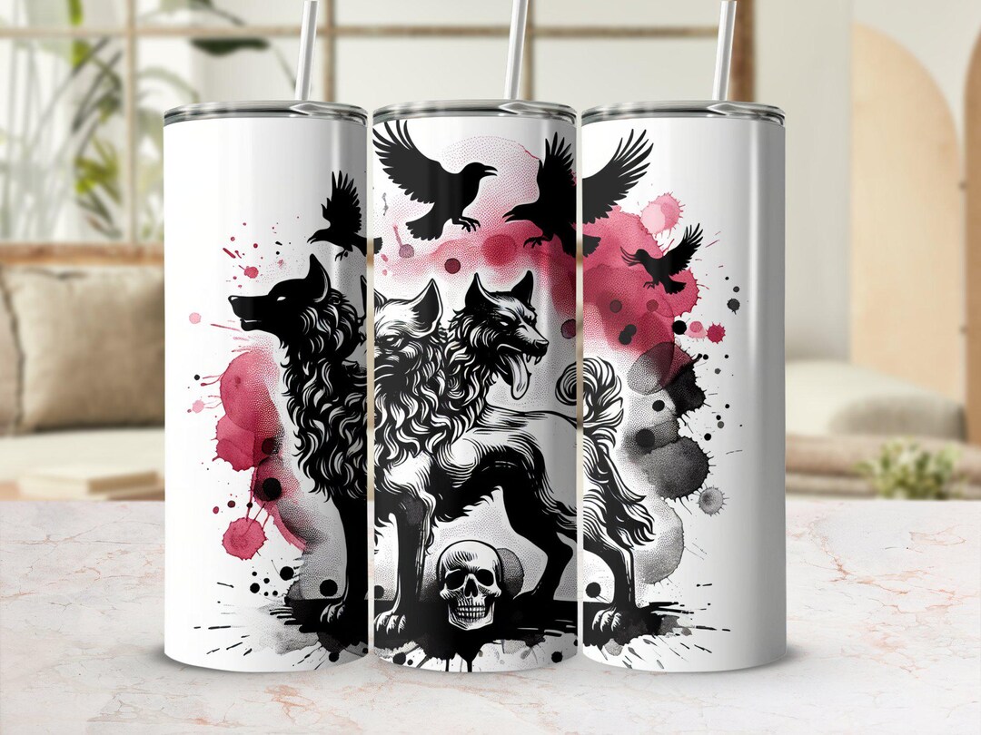 Watercolor Cerberus Tumbler Wrap PNG, Gothic Lover Tumbler Wrap, Raven ...
