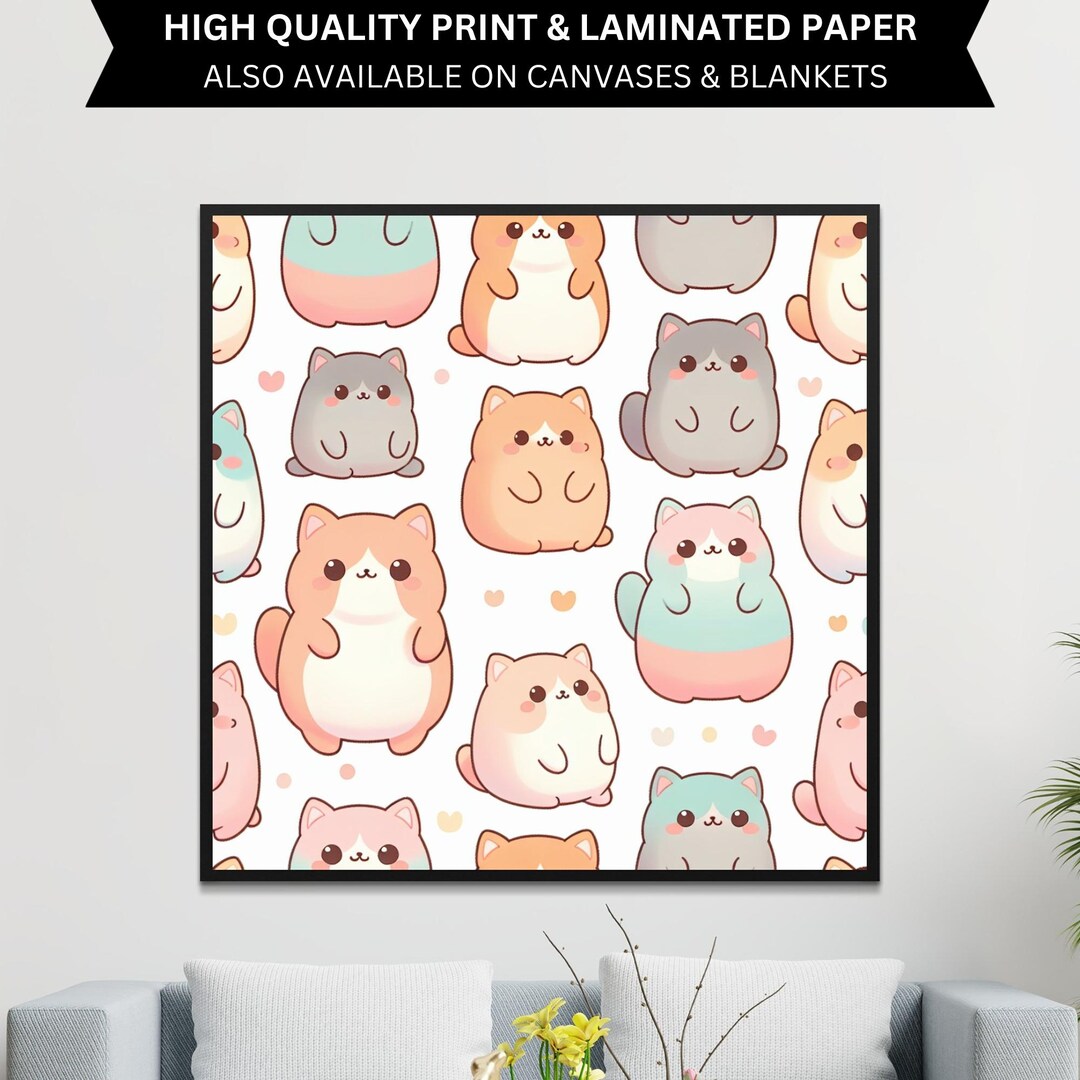 Cute Cartoon Cat Poster, Kawaii Kitten Wall Art, Adorable Pet Decor ...