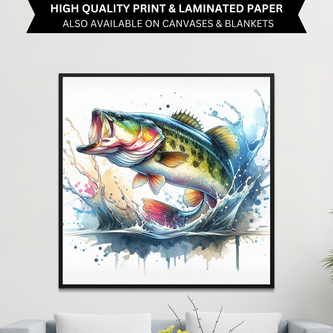 Watercolor Fishing Poster, Bass Fish Art, Angler Wall Decor, Fisherman ...