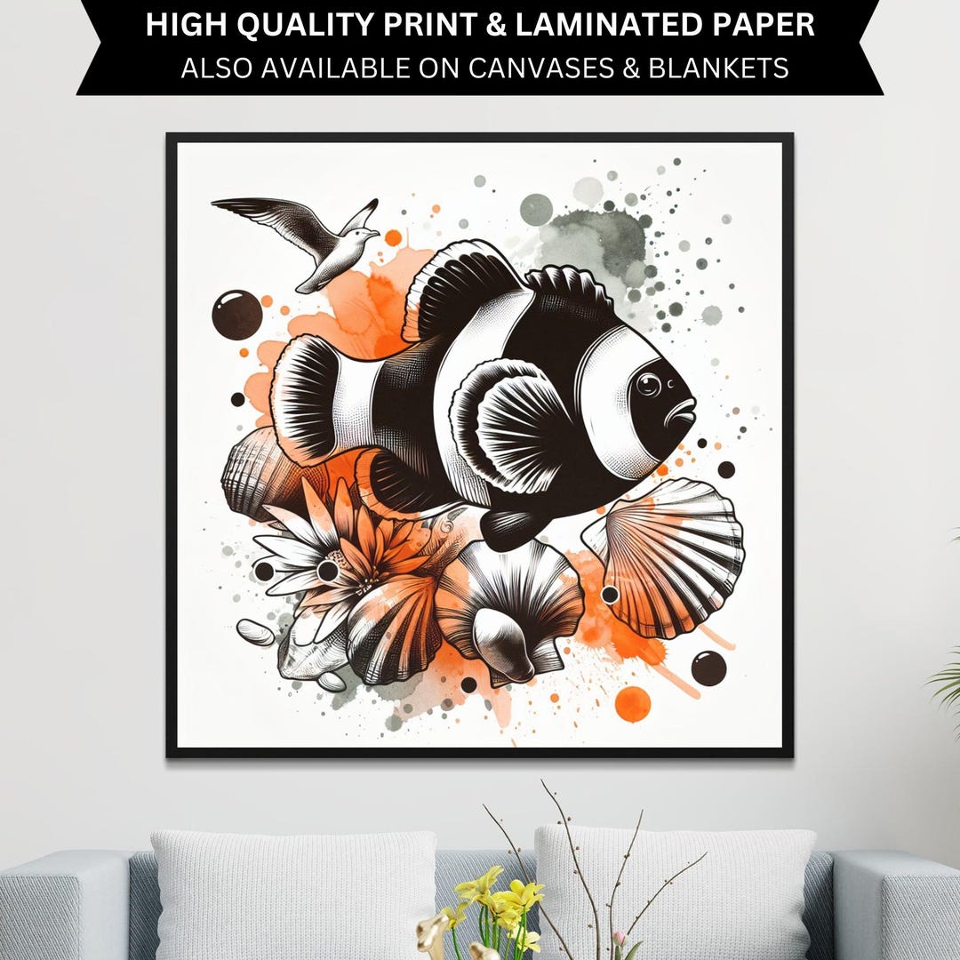 Ink and Watercolor Tropical Fish Poster, Clownfish Wall Art Print ...