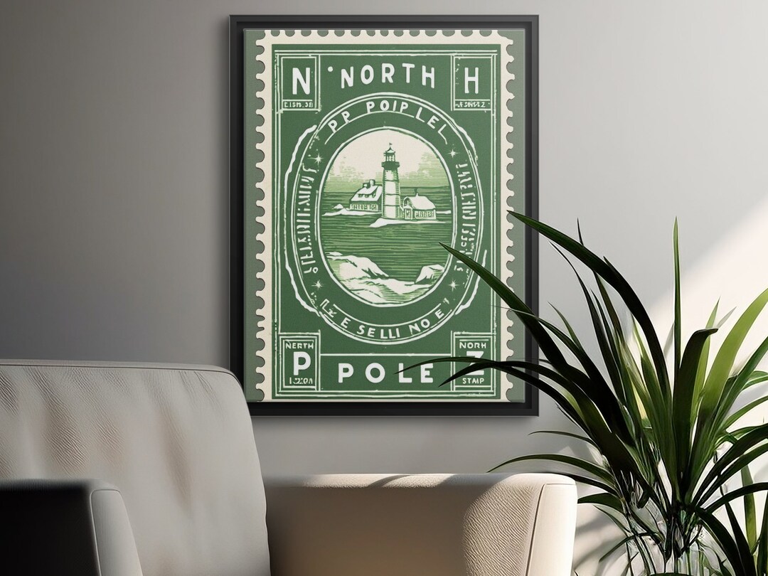 Vintage North Pole Lighthouse Stamp Digital Print, Green and White ...