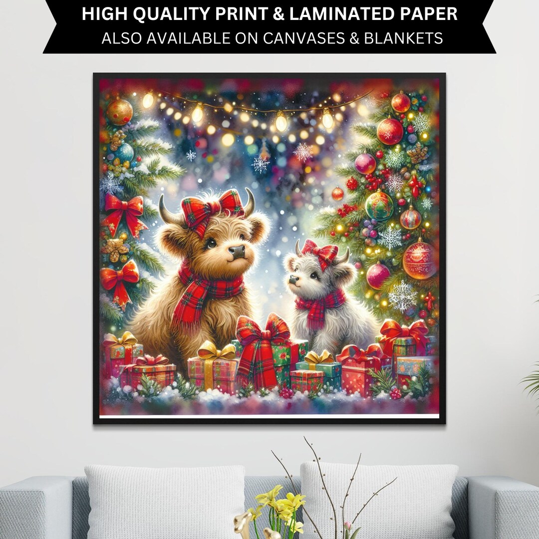 Christmas Highland Cows Poster, Cute Holiday Wall Art, Festive Farm ...