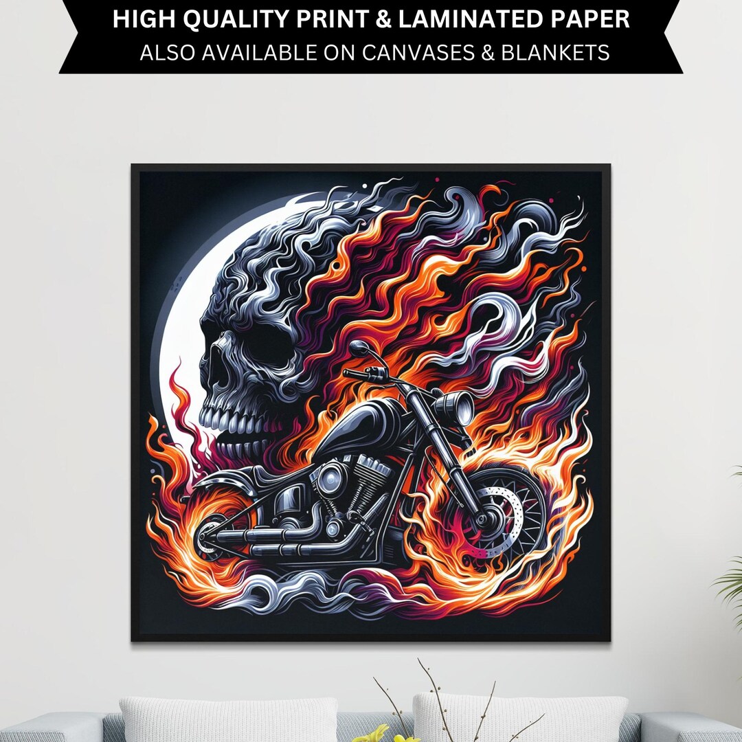 Skull Art Motorcycle Poster, Biker Decor, Gothic Wall Art, Fire and ...