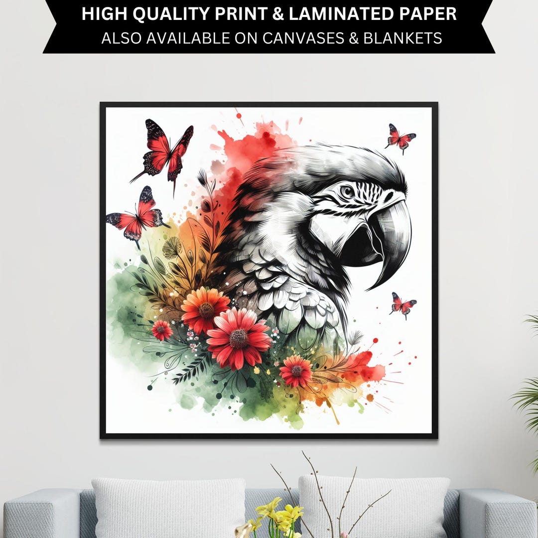 Watercolor Parrot Poster, Tropical Bird Wall Art, Floral Parrot Canvas ...