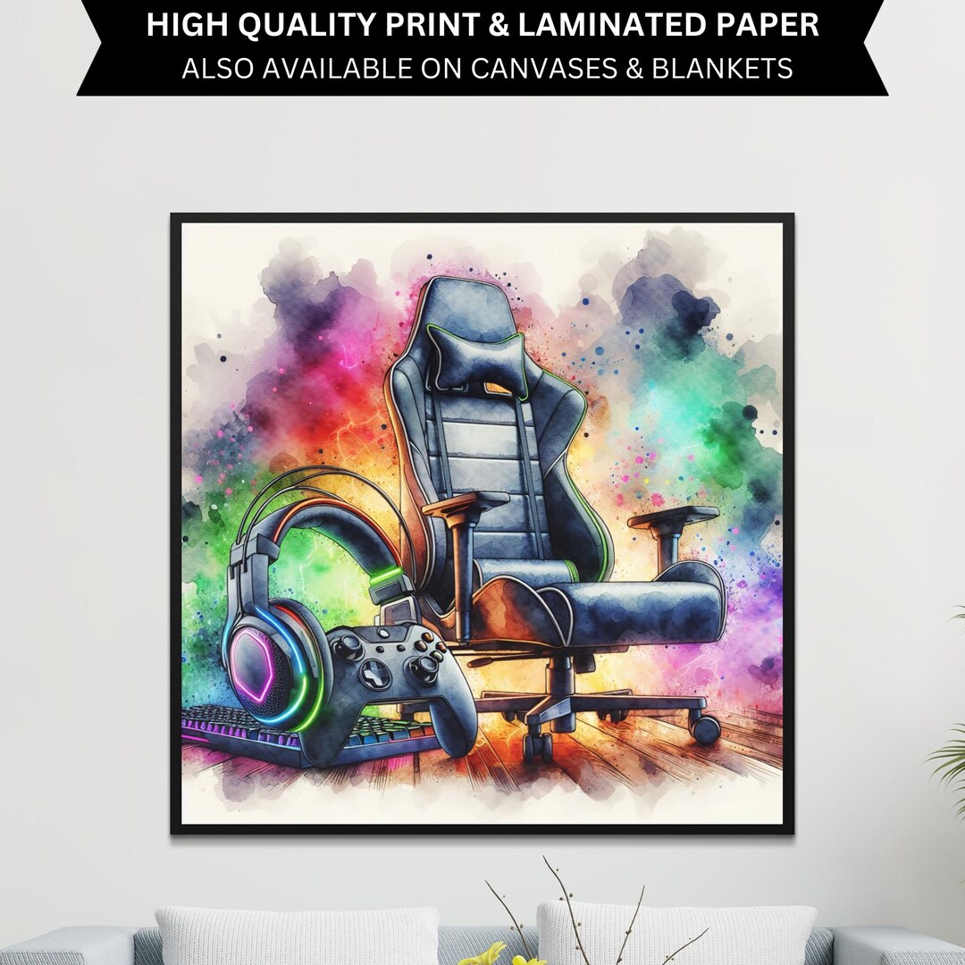 Watercolor Gamer Poster, Gaming Chair Art, Video Game Decor, Colorful ...