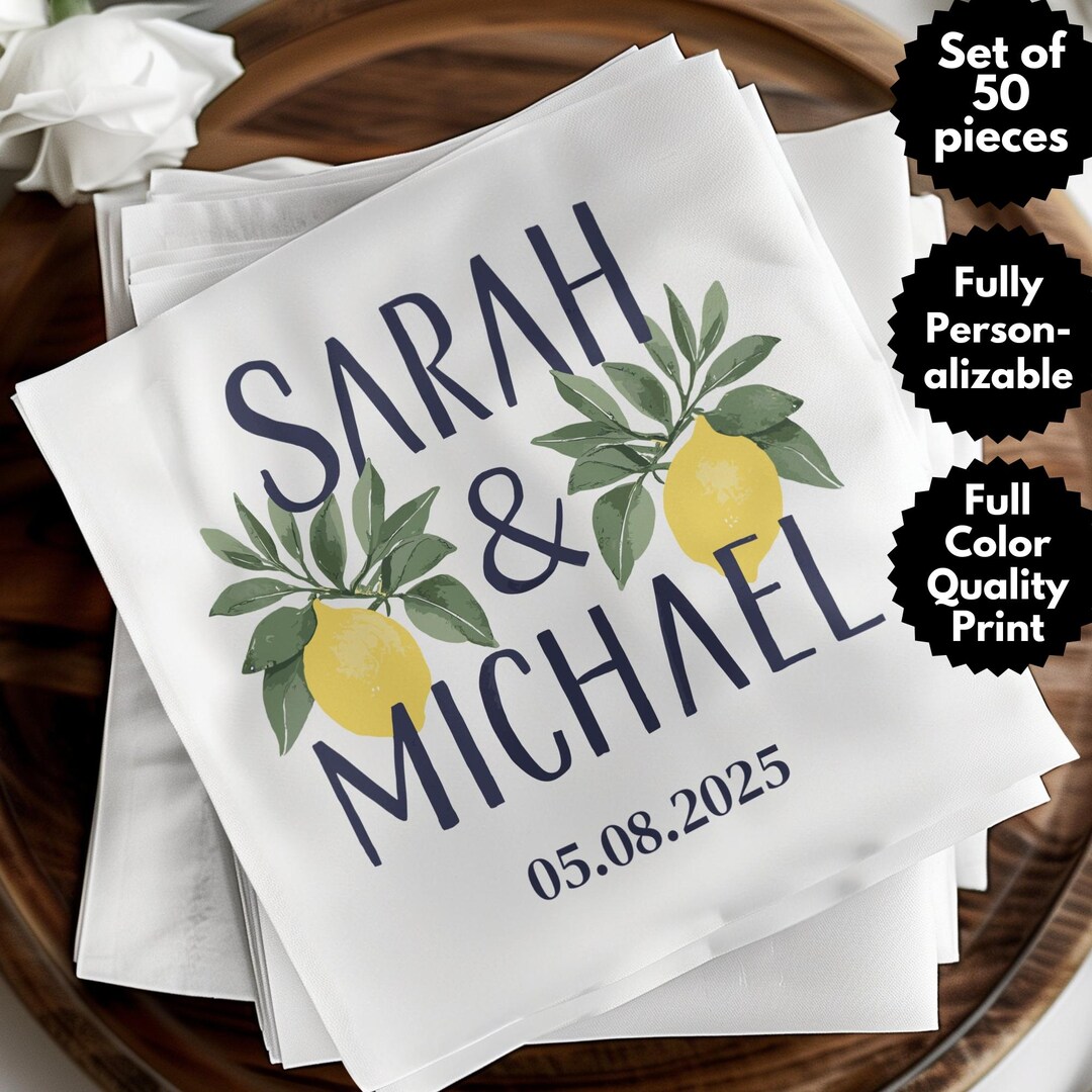 Personalized Wedding Lemon Napkins, Lemon Leaf Design, Custom Bride ...