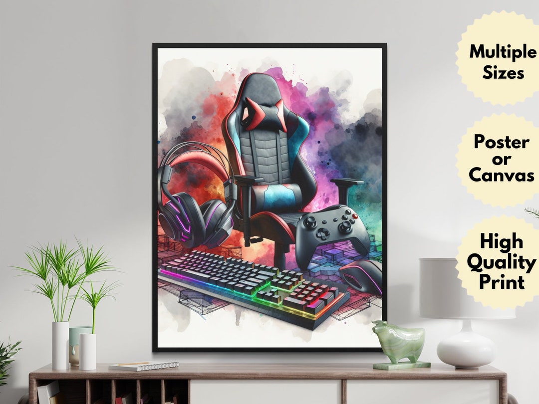 Colorful Gamer Setup Wall Art, Gaming Chair Poster, Watercolor Canvas ...