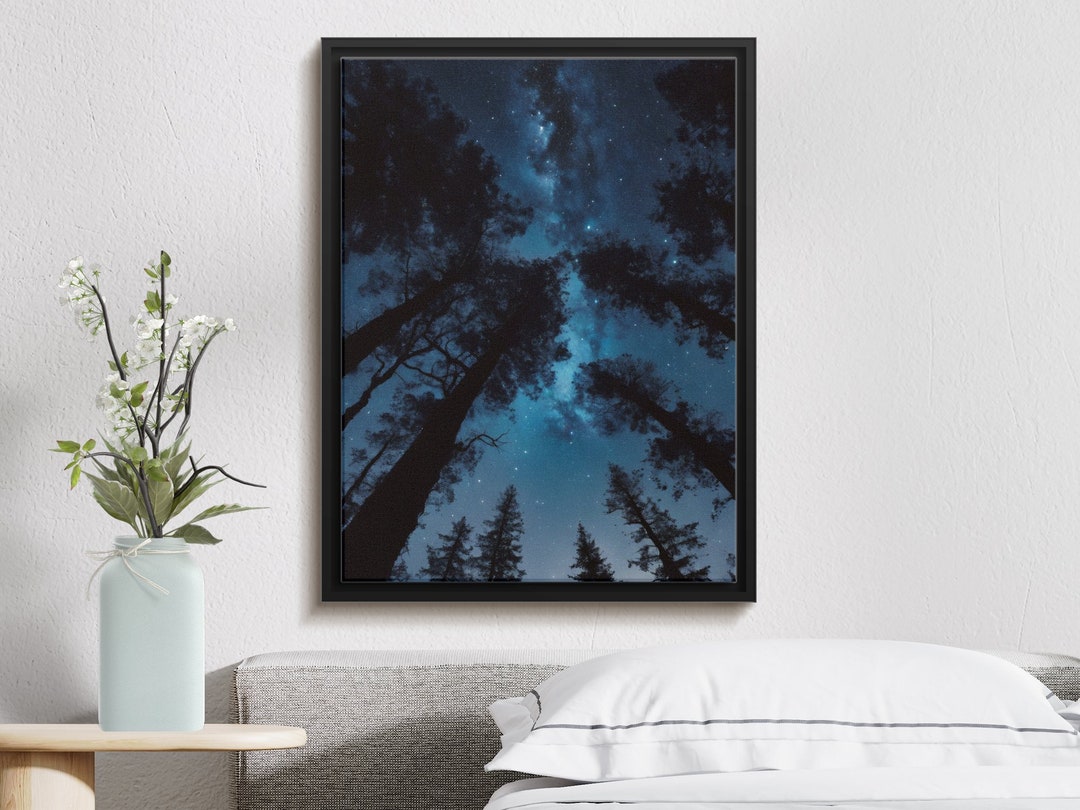 Starry Night Sky Forest Canvas Print, Milky Way Galaxy Trees Art, Large ...