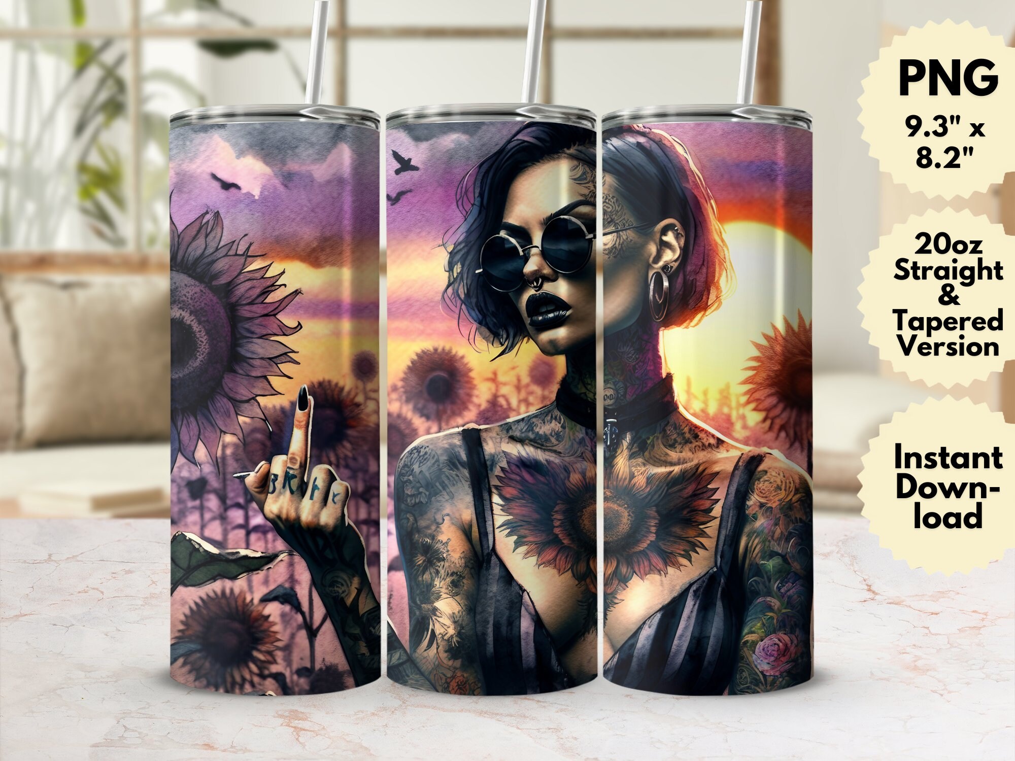 Gothic Sunflower Tattoo Lady Digital Tumbler Wrap, 20oz PNG File, Edgy ...