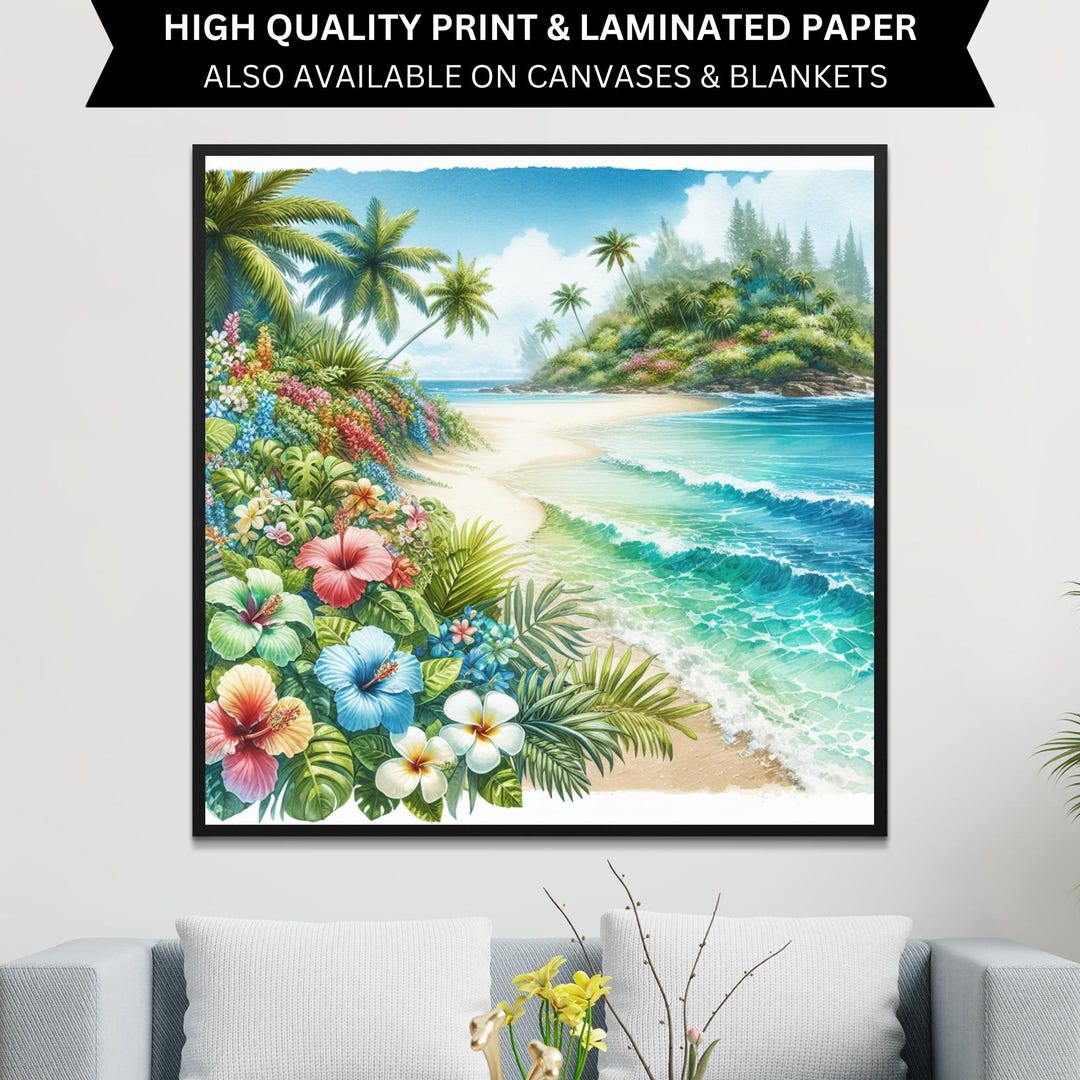 Watercolor Beach Poster, Tropical Island Wall Art, Coastal Ocean Canvas ...
