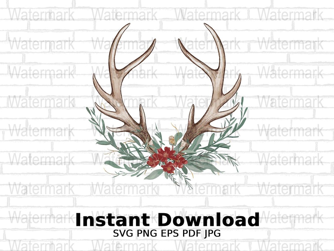 Rustic Deer Antlers Floral Wreath SVG Png, Woodland Wedding Invitation ...