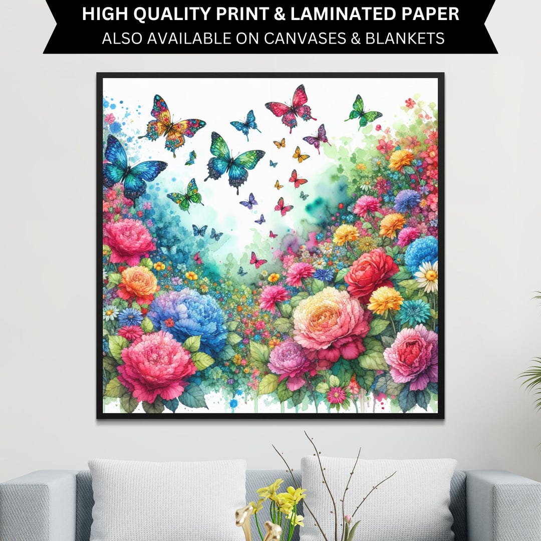 Watercolor Butterfly Poster, Floral Garden Wall Art, Vibrant Nature ...