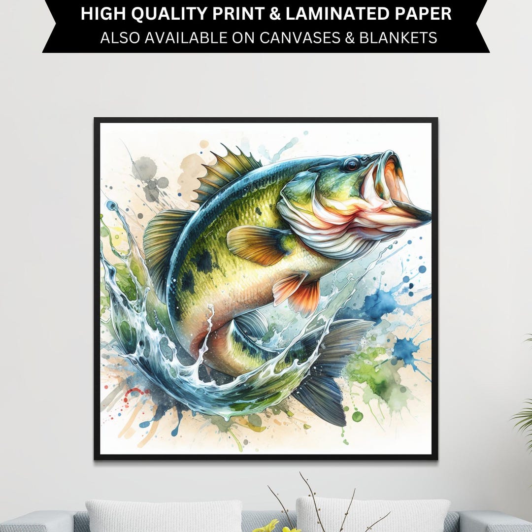 Watercolor Fishing Poster, Largemouth Bass Wall Art, Fishing Enthusiast ...