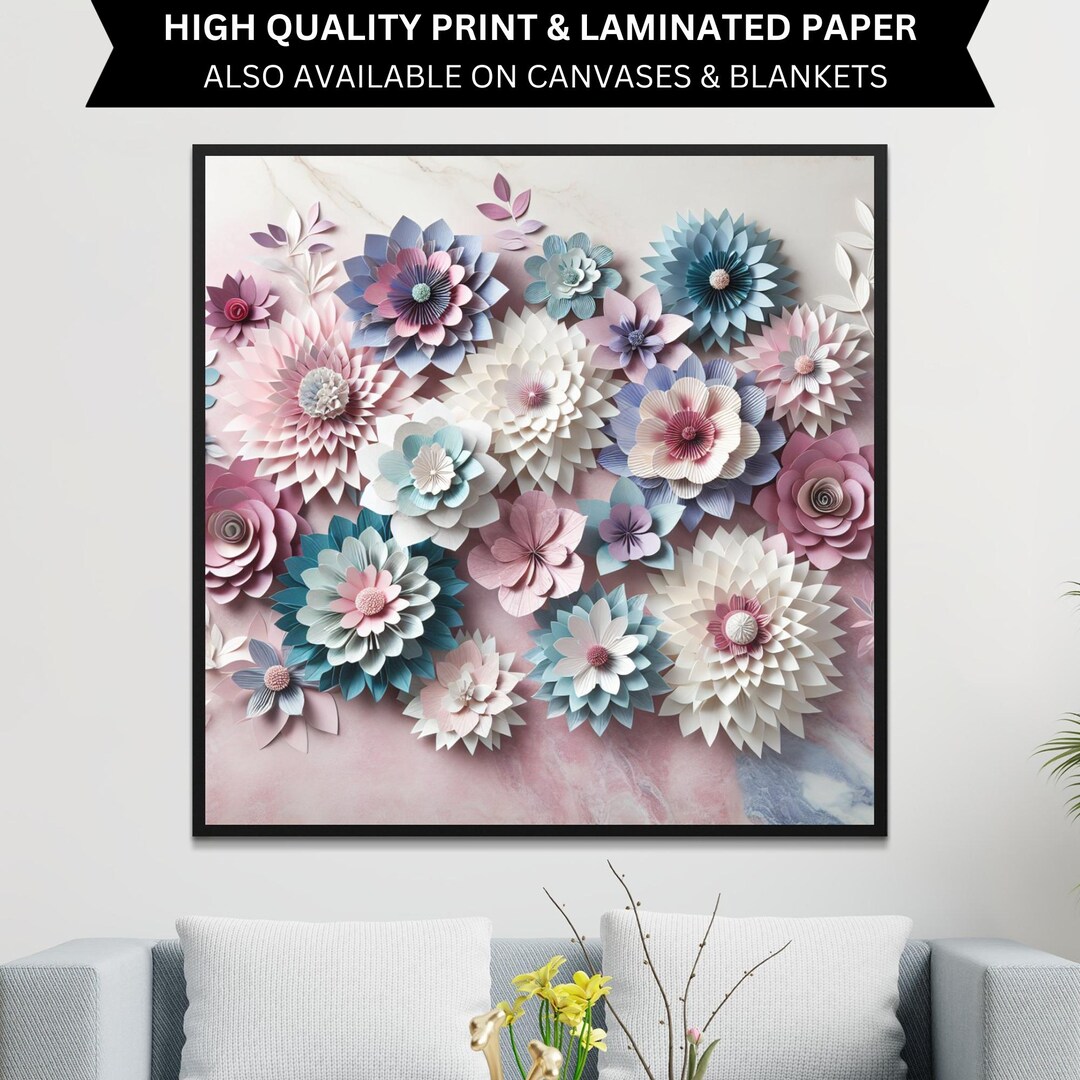 Paper Flower Art Poster, Floral Wall Decor, Pink and Blue Home Decor ...