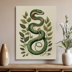 Botanical Green Snake Canvas Print Illustration, Vintage Style Canvas ...
