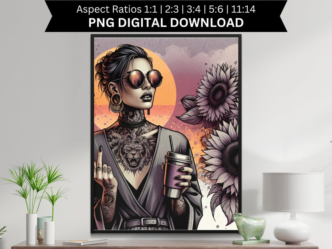 Edgy Tattooed Woman With Sunglasses and Sunflowers, Digital Print, Boho ...
