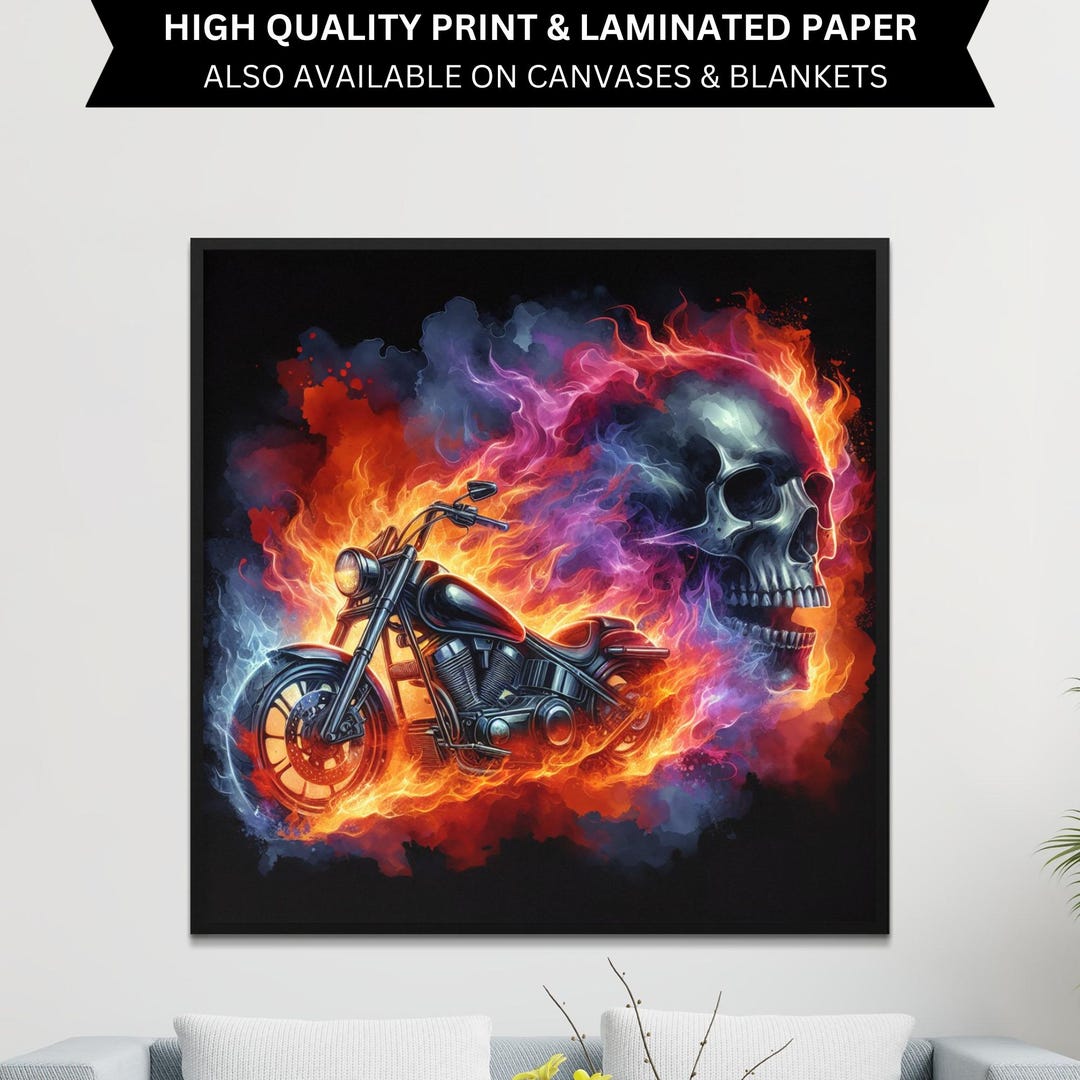 Digital Art Motorcycle Poster, Biker Wall Art, Skull and Flames Canvas ...