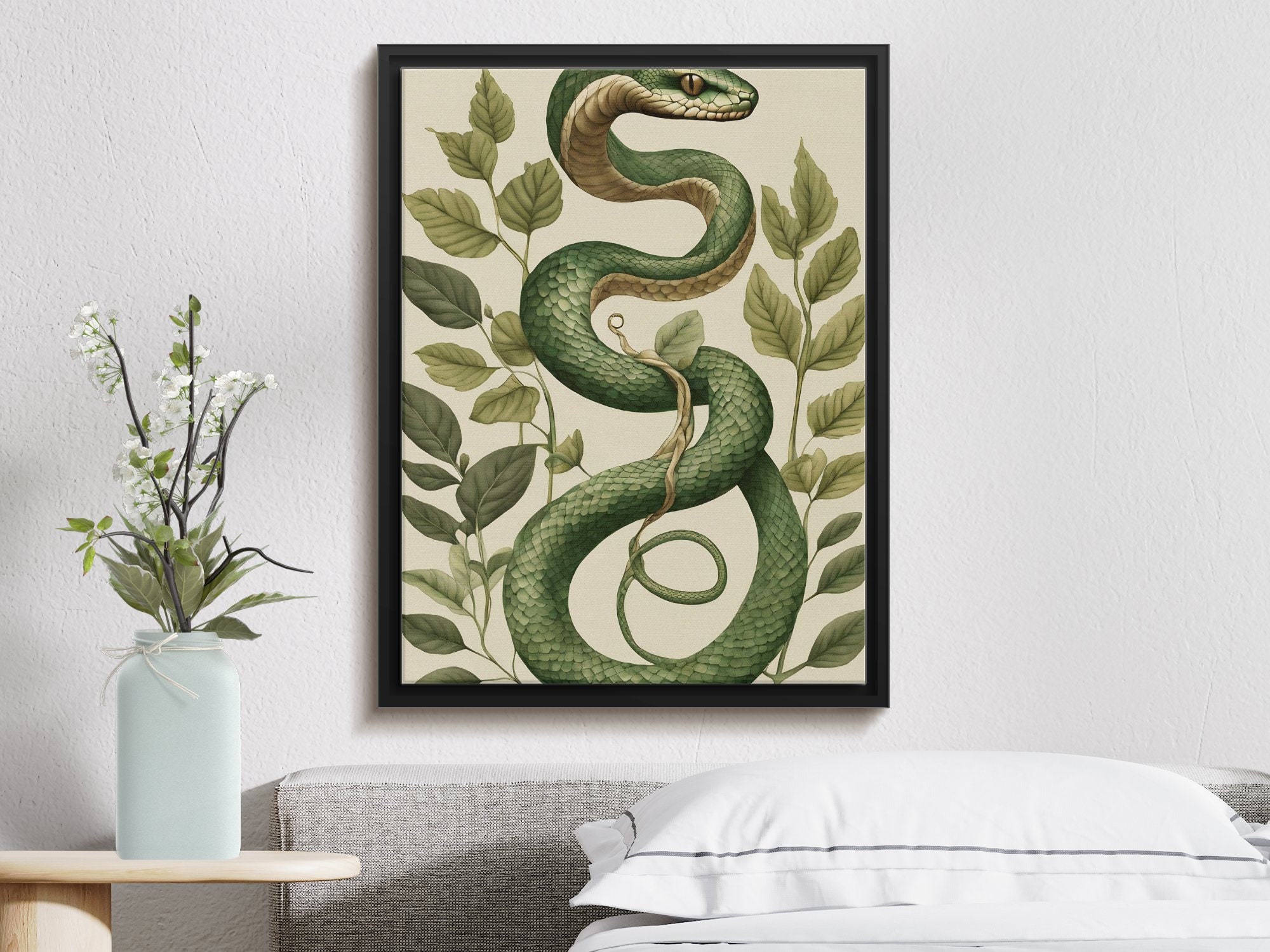 Botanical Green Snake Canvas Print Illustration, Vintage Style Canvas ...