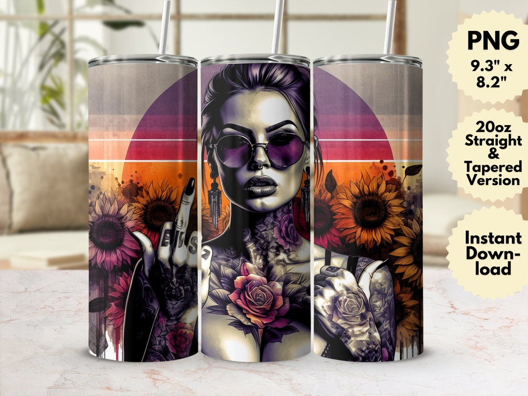 Edgy Tattooed Woman With Sunflowers Digital Tumbler Design, Goth Floral ...