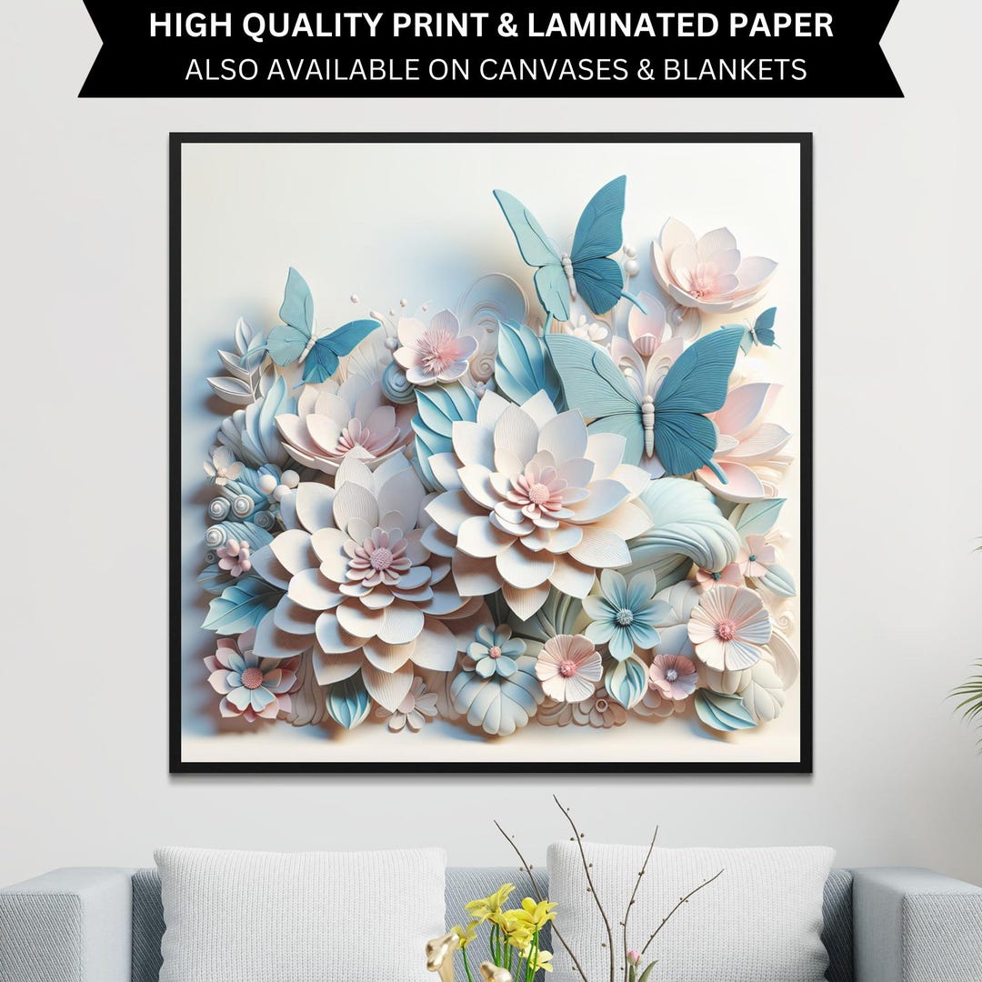 3D Flower Art Poster, Butterfly and Floral Wall Decor, Nature Lover ...