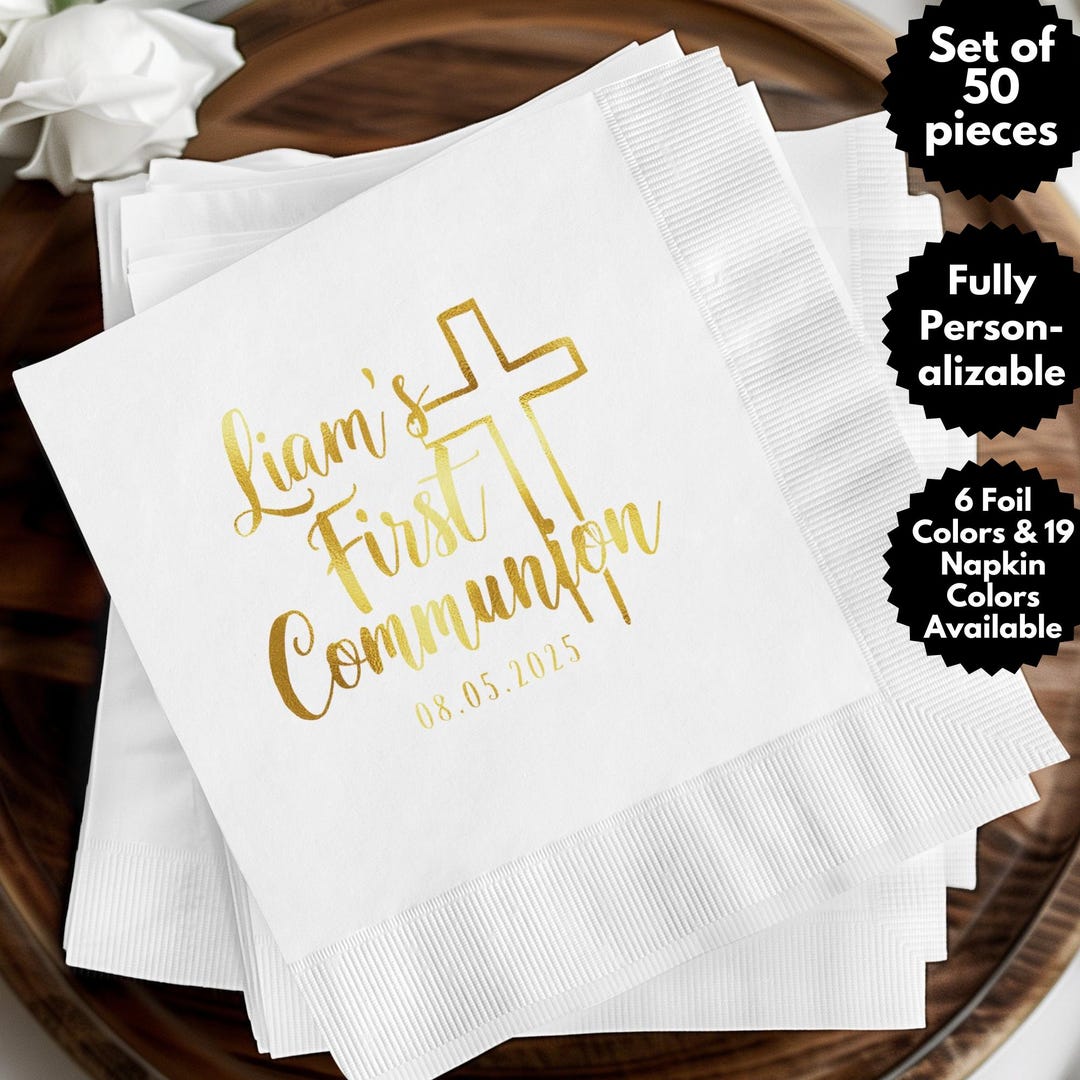 Personalized First Communion Napkin, Custom Christian Decor, Gold Cross ...