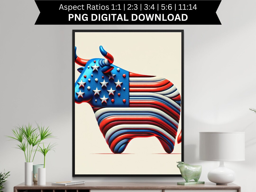 Patriotic Bull Digital Wall Art, USA Flag Colors, American Themed ...