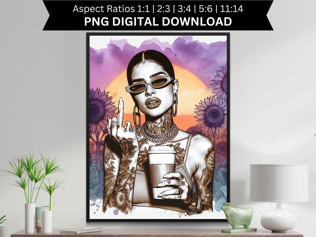 Edgy Tattooed Woman Digital Art, Sunflower Background, Urban Style Wall ...