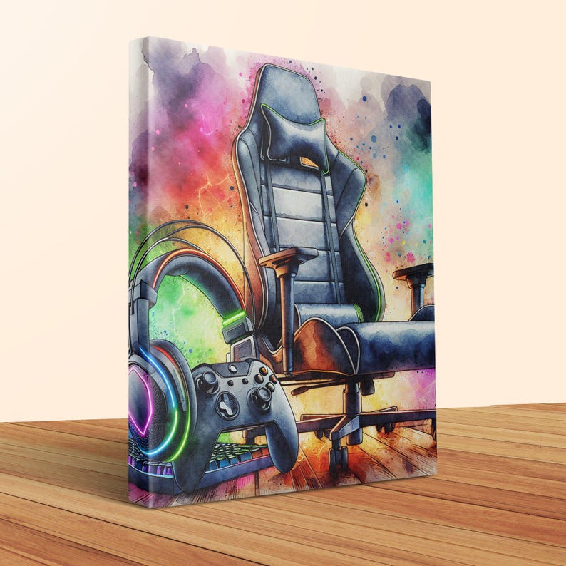 Aquarell Gamer Poster, Gaming Stuhl Kunst, Videospiel Dekor, Buntes ...