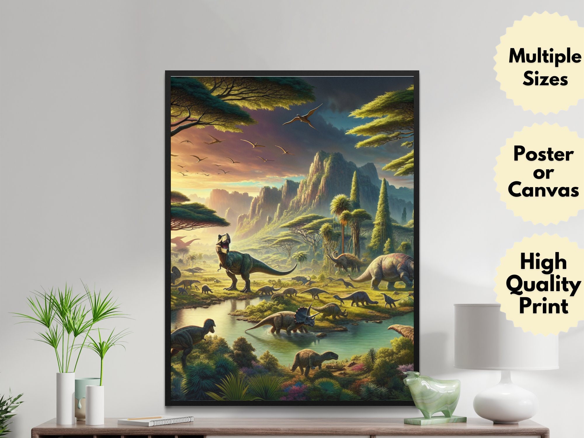 Prehistoric Dinosaur Scene Large Canvas Print, Jurassic Wilderness Wall ...