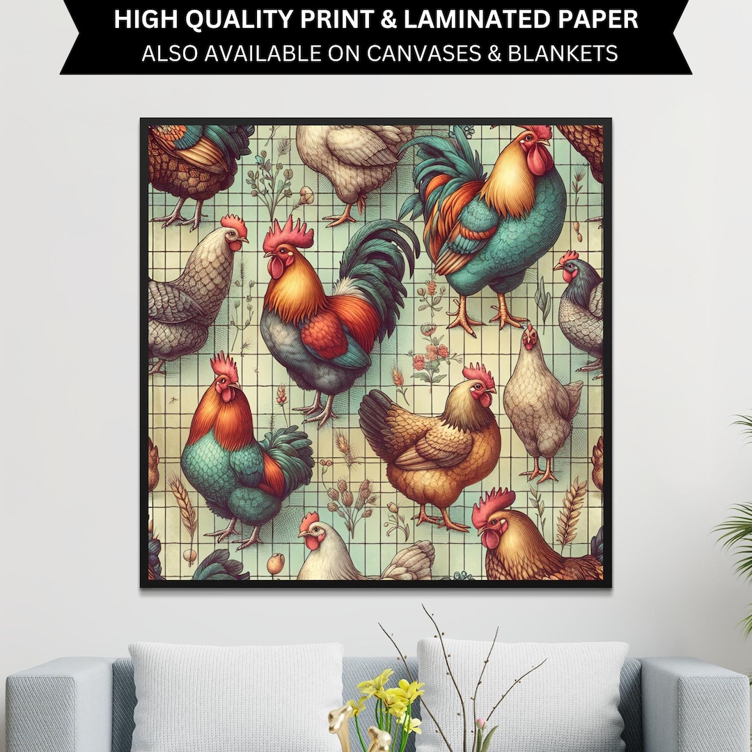 Watercolor Chicken Poster, Farmhouse Decor, Rooster Wall Art, Vintage ...