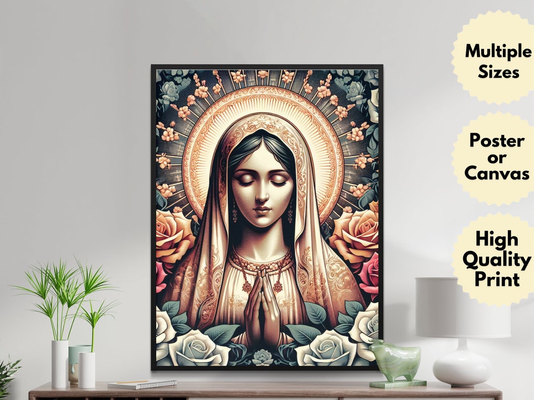 Vibrant Virgin Mary and Roses Art Poster, Religious Wall Art, Spiritual ...