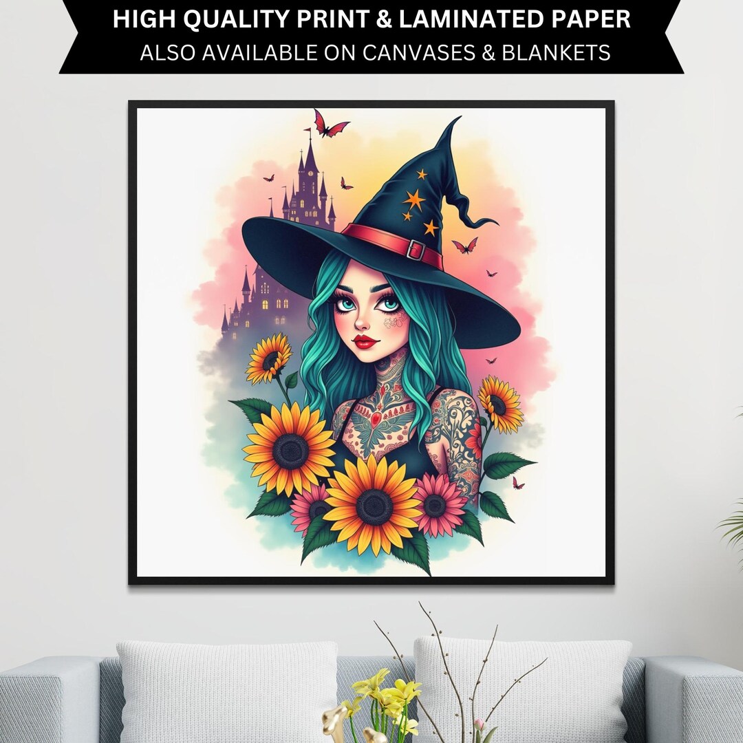 Fantasy Witch Poster, Gothic Tattoo Art Decor, Magical Witch Wall Print ...