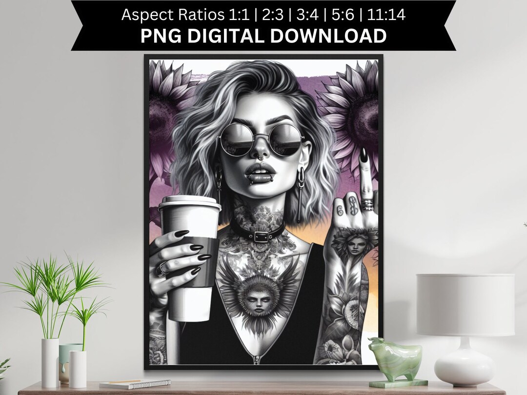 Gothic Sunflower Tattooed Woman Art, Black and White Digital Print ...