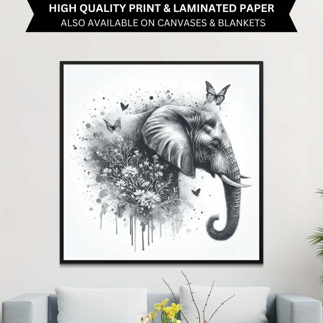 Black and White Elephant Poster, Floral Art Elephant Wall Decor ...