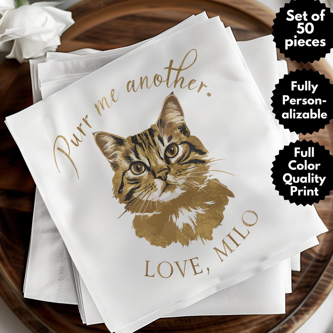 Custom Illustrated Cat Wedding Napkins, Engagement Party, Custom Bar ...