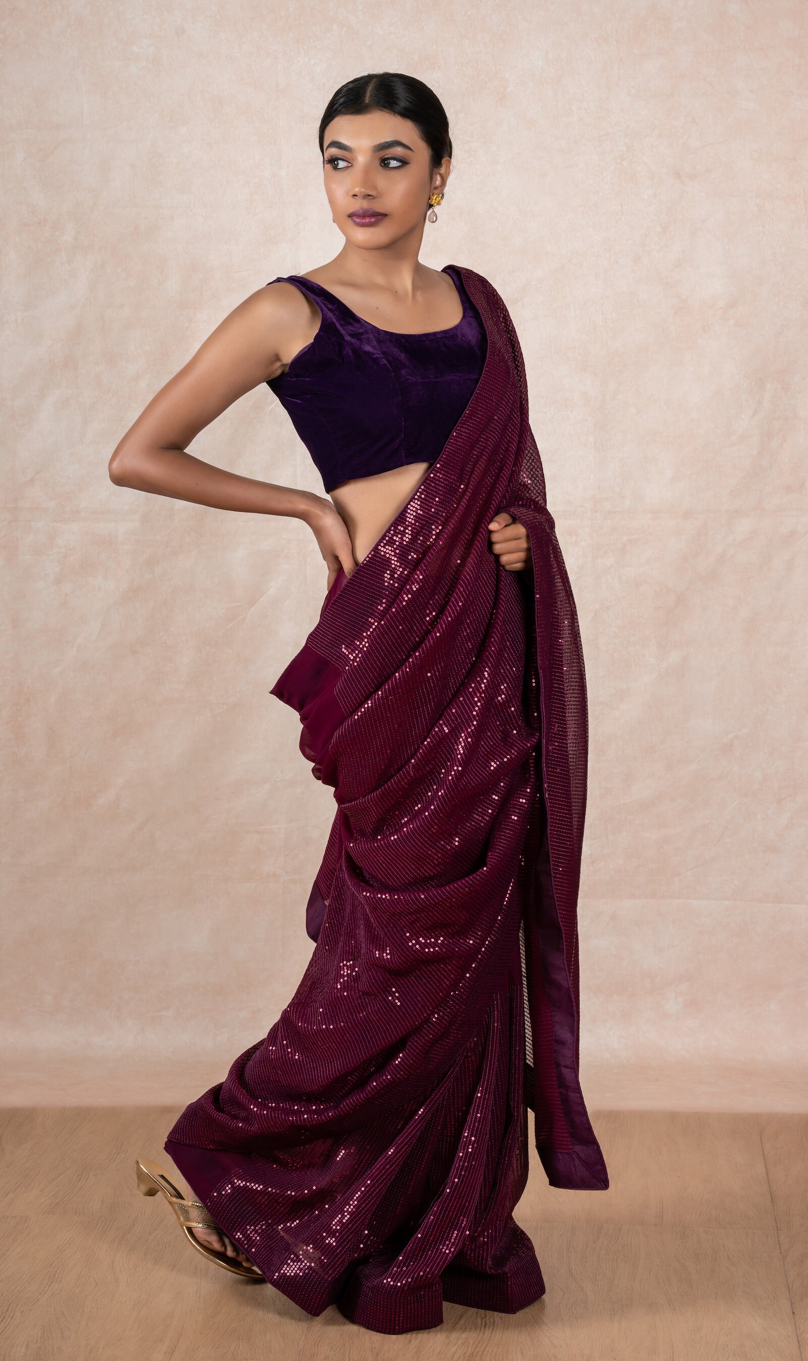 Wine Sequin Saree Designer Sarees for Women Dark Violet Georgette Saree ...