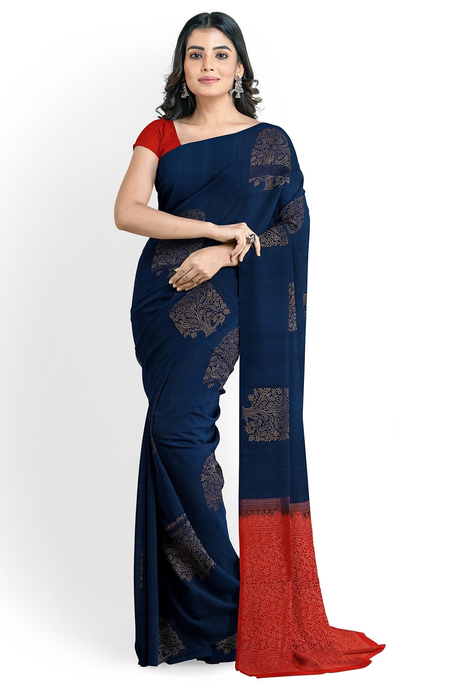 Navy Blue Handwoven Kanchivaram Silk Saree Borderless Saree Gold Zari ...