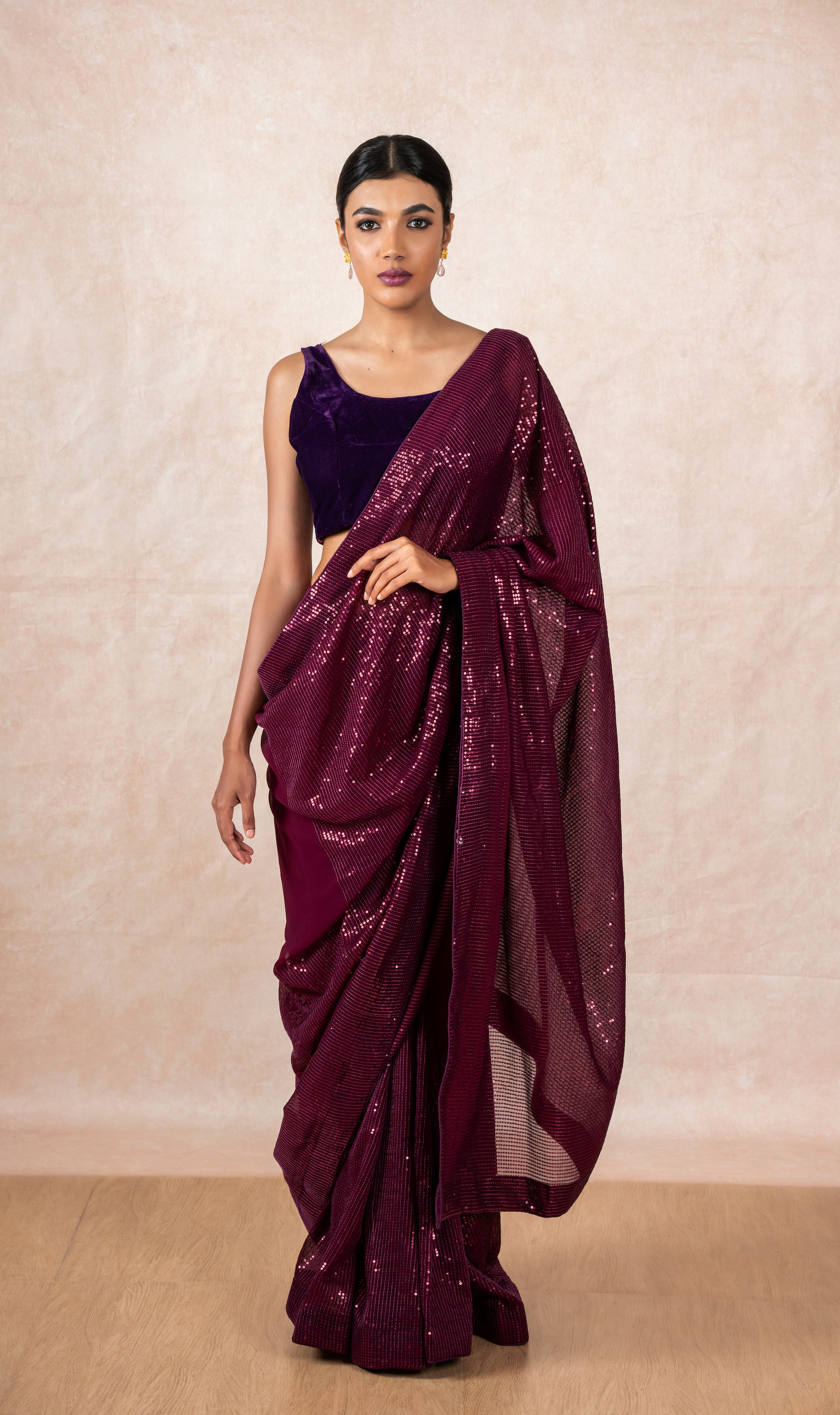 Wine Sequin Saree Designer Sarees for Women Dark Violet Georgette Saree ...