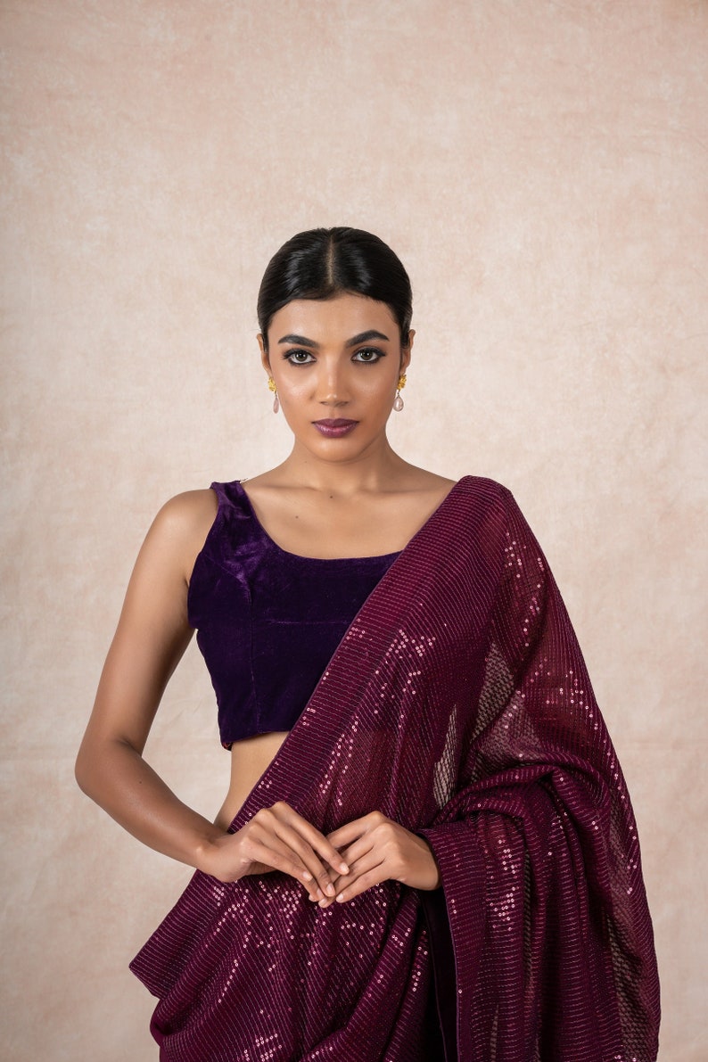 Wine Sequin Saree Designer Sarees for Women Dark Violet Georgette Saree ...